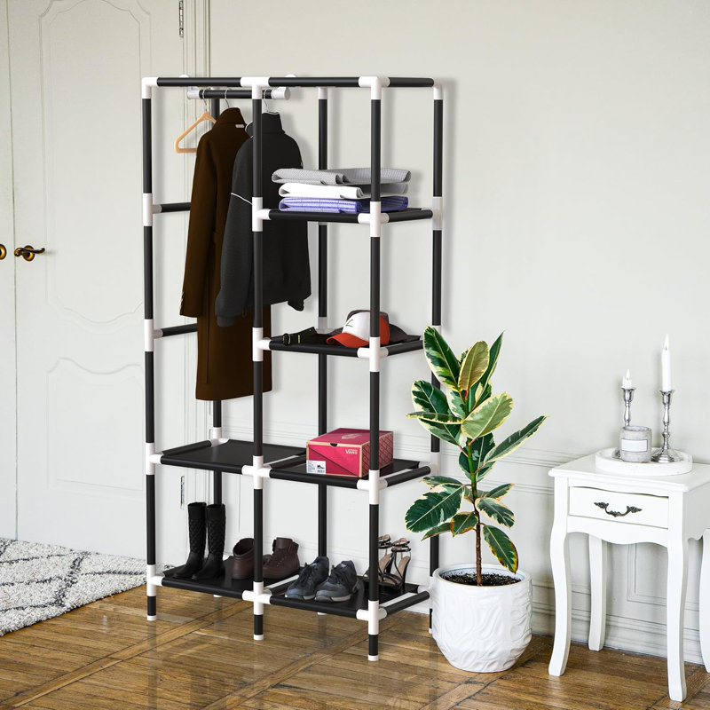Ebern Designs Portable Closet Wardrobe With 6 Storage Shelves And 1 Hanging Rack Small Closet Clothes Organizer Portable Wardrobe Closet For Hanging Clothes Black Wayfair
